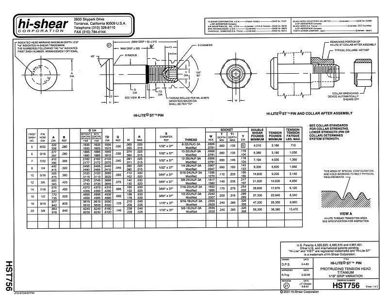 Hi Shear Fasteners - Hi-Lite Pins - HST756 - Protruding Tension Head