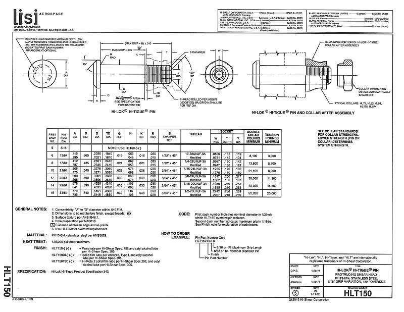 Hi-Lok / Hi-Tigue Fasteners - HLT150 Hi-Tigue Pin - Protruding Shear Head