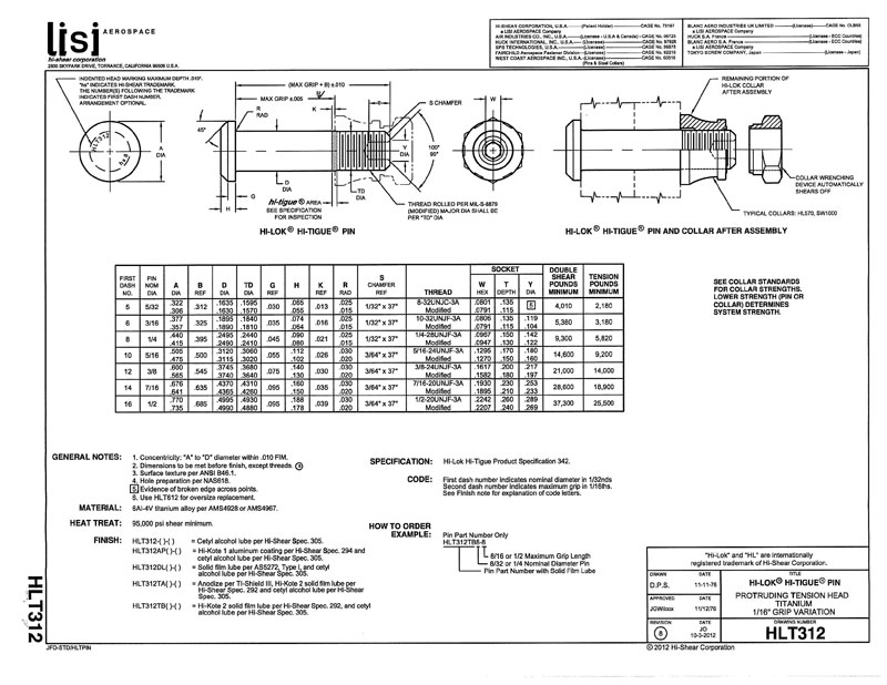 Hi-Lok / Hi-Tigue Fasteners - HLT312 Hi-Tigue Pin - Tension Head