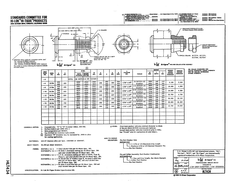 Hi-Lok / Hi-Tigue Fasteners - HLT434 Hi-Tigue Pin - Protruding Shear Head