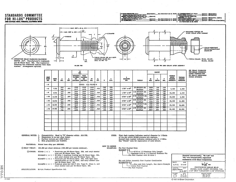 Hi-Lok Fasteners - HL946 Hi-Lok Pin - Protruding Shear Head - Nickel ...
